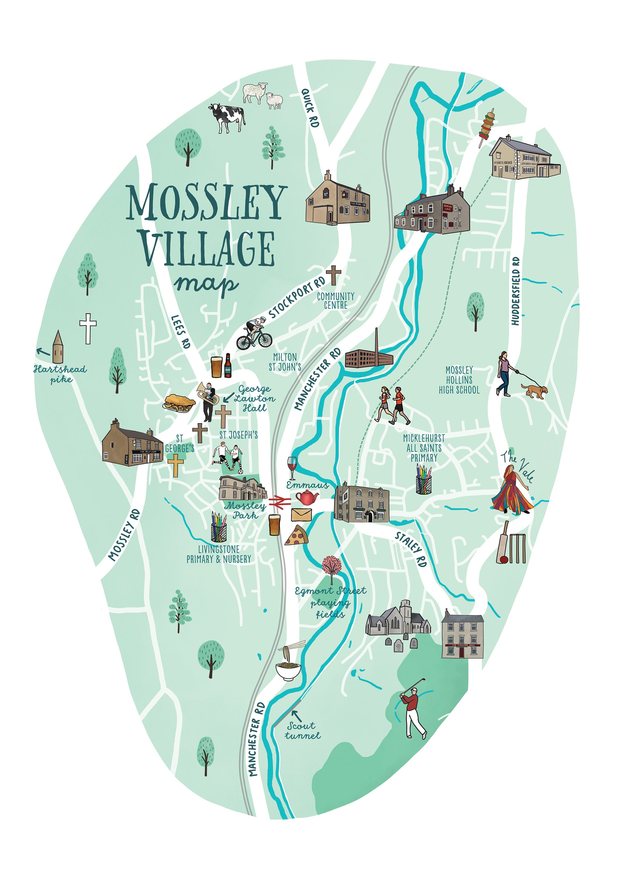 Mossley Village Map Illustration Art Print Wall Art Home - Etsy
