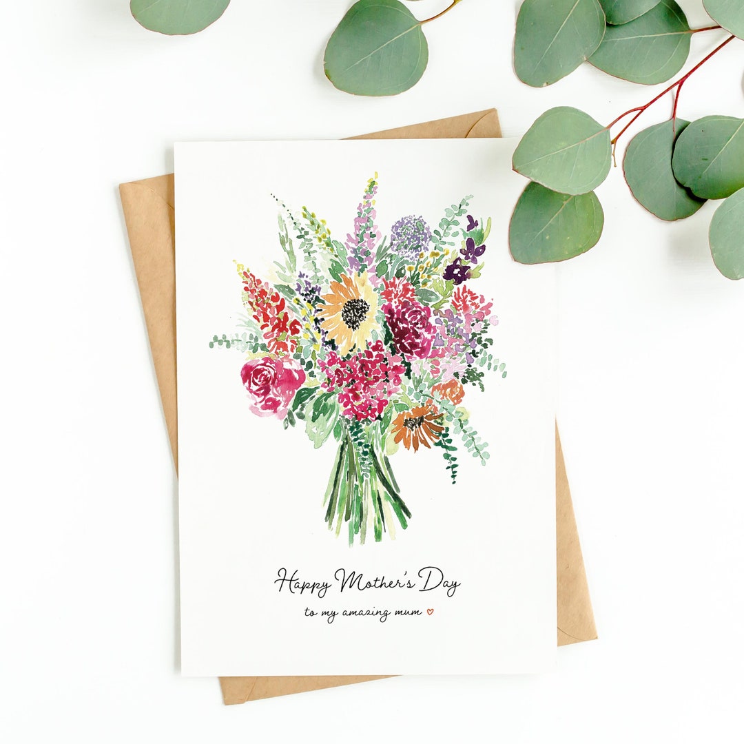 Happy Mother's Day Card, Floral Bouquet Watercolour Card, Amazing Mum ...