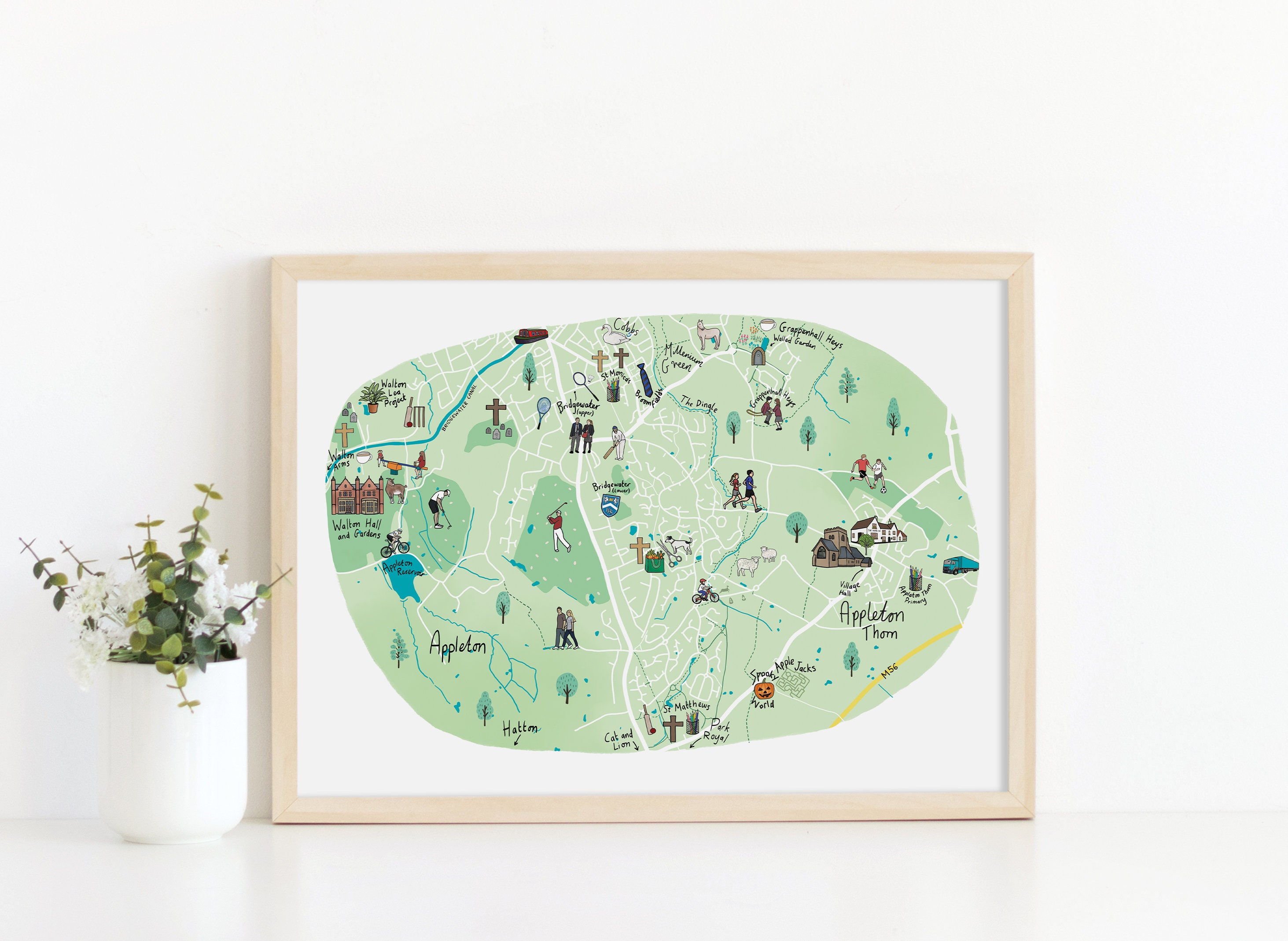 Appleton Area Map Illustration, Warrington Map, Art Print, Wall Art ...