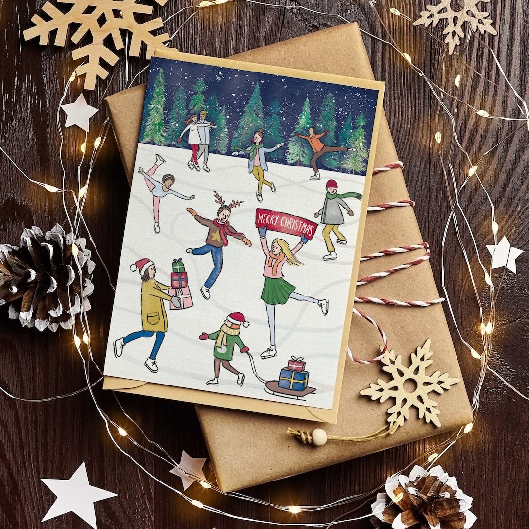 Ice Skating Christmas Card, 5x7" Greeting Card, Merry Christmas Message ...