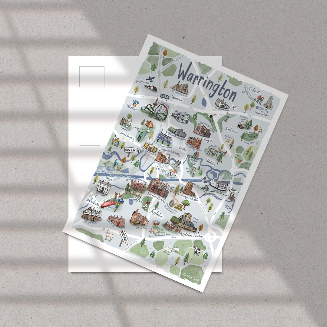Warrington Illustrated Map Postcard, Mini Art Print, A5 Size - Etsy