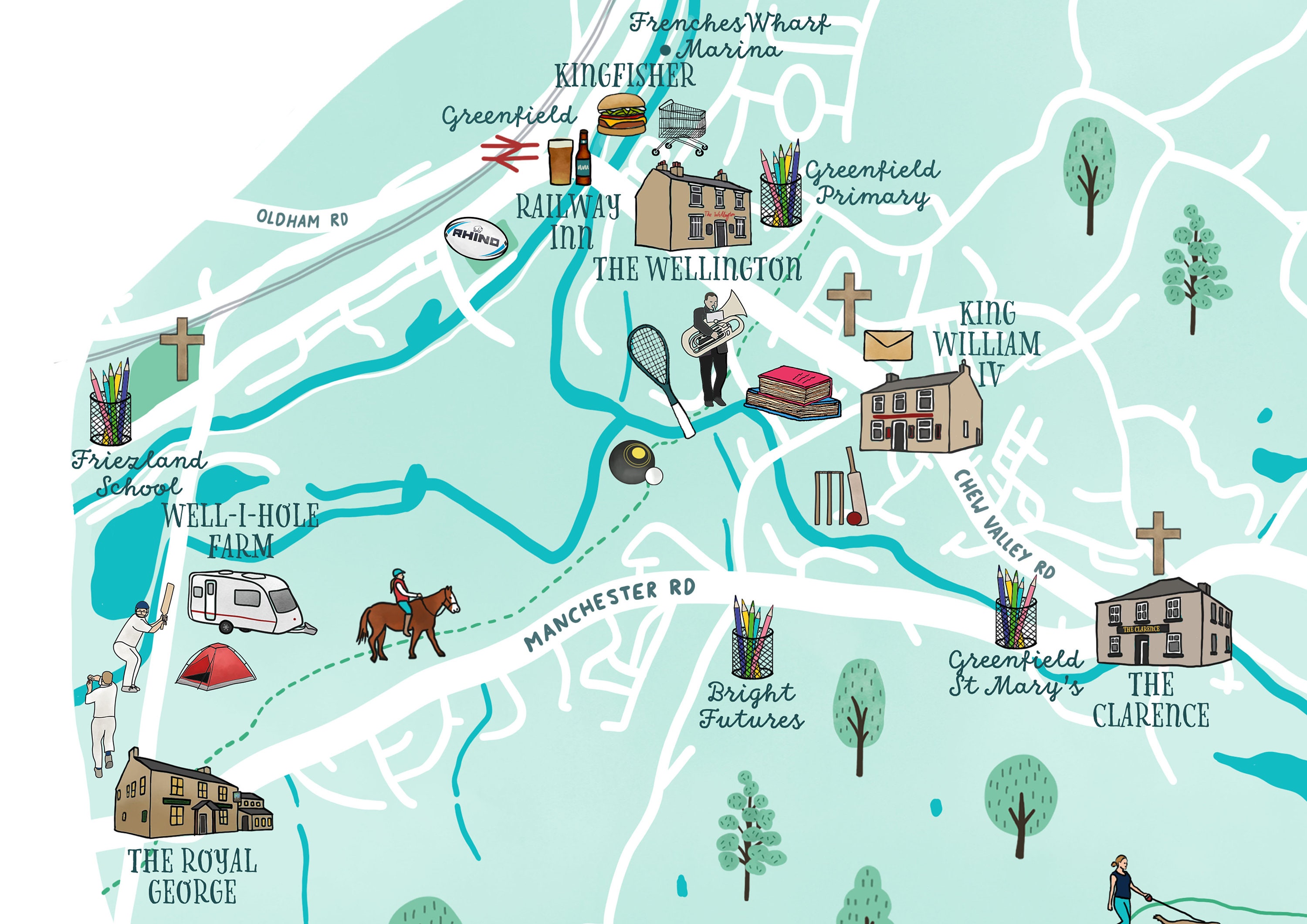 Greenfield Illustrated Map, A3 Art Print, Personalised Print, Wall Art ...