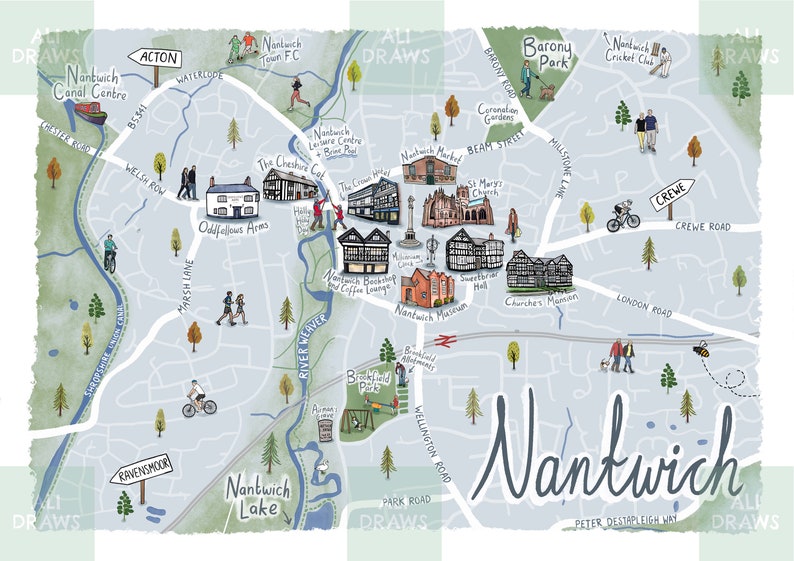 Nantwich Illustrated Map, A3 Art Print, Cheshire Map, Personalised Map ...