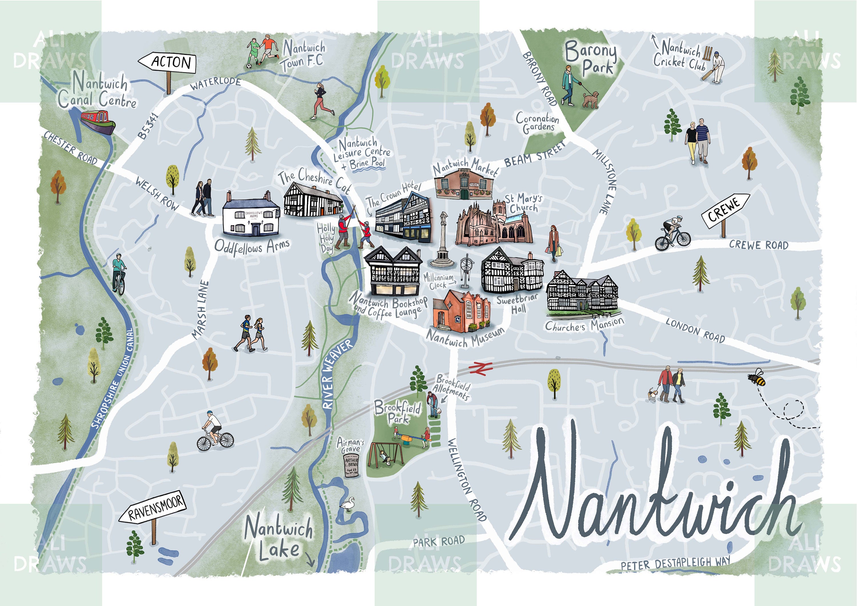 Nantwich Illustrated Map, A3 Art Print, Cheshire Map, Personalised Map ...