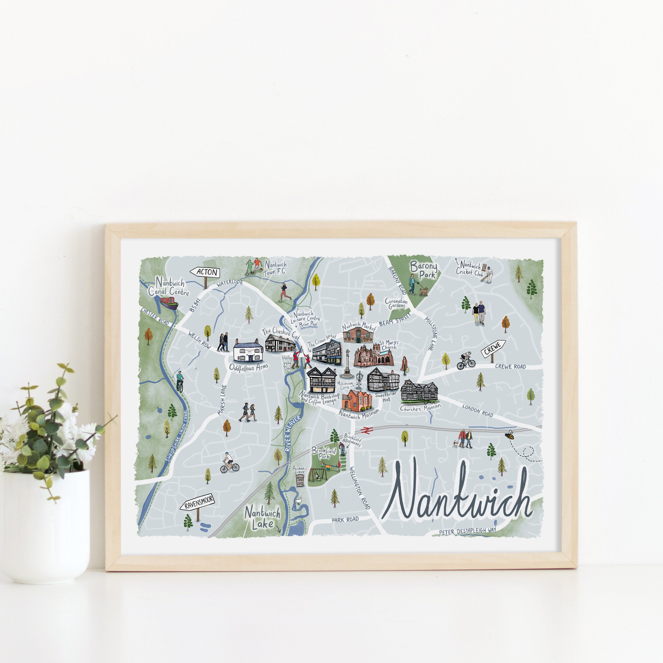 Nantwich Illustrated Map, A3 Art Print, Cheshire Map, Personalised Map ...