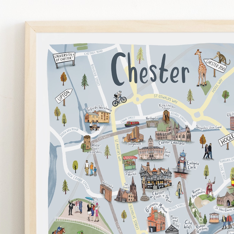 Chester Illustrated Map A3/A4 Art Print Cheshire Map - Etsy UK
