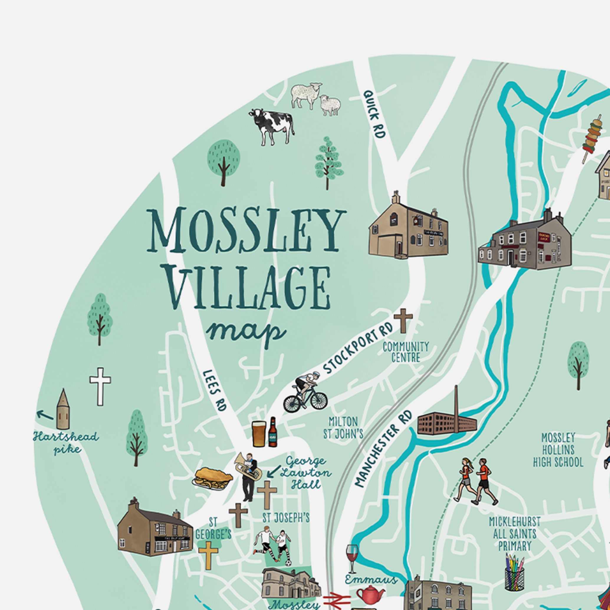Mossley Village Map Illustration, Art Print, Wall Art, Home Decor, Wall ...