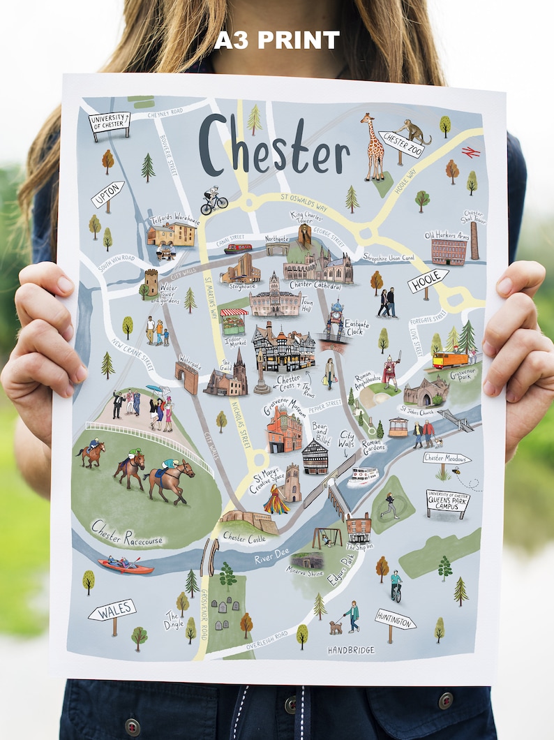 Chester Illustrated Map A3/A4 Art Print Cheshire Map - Etsy UK