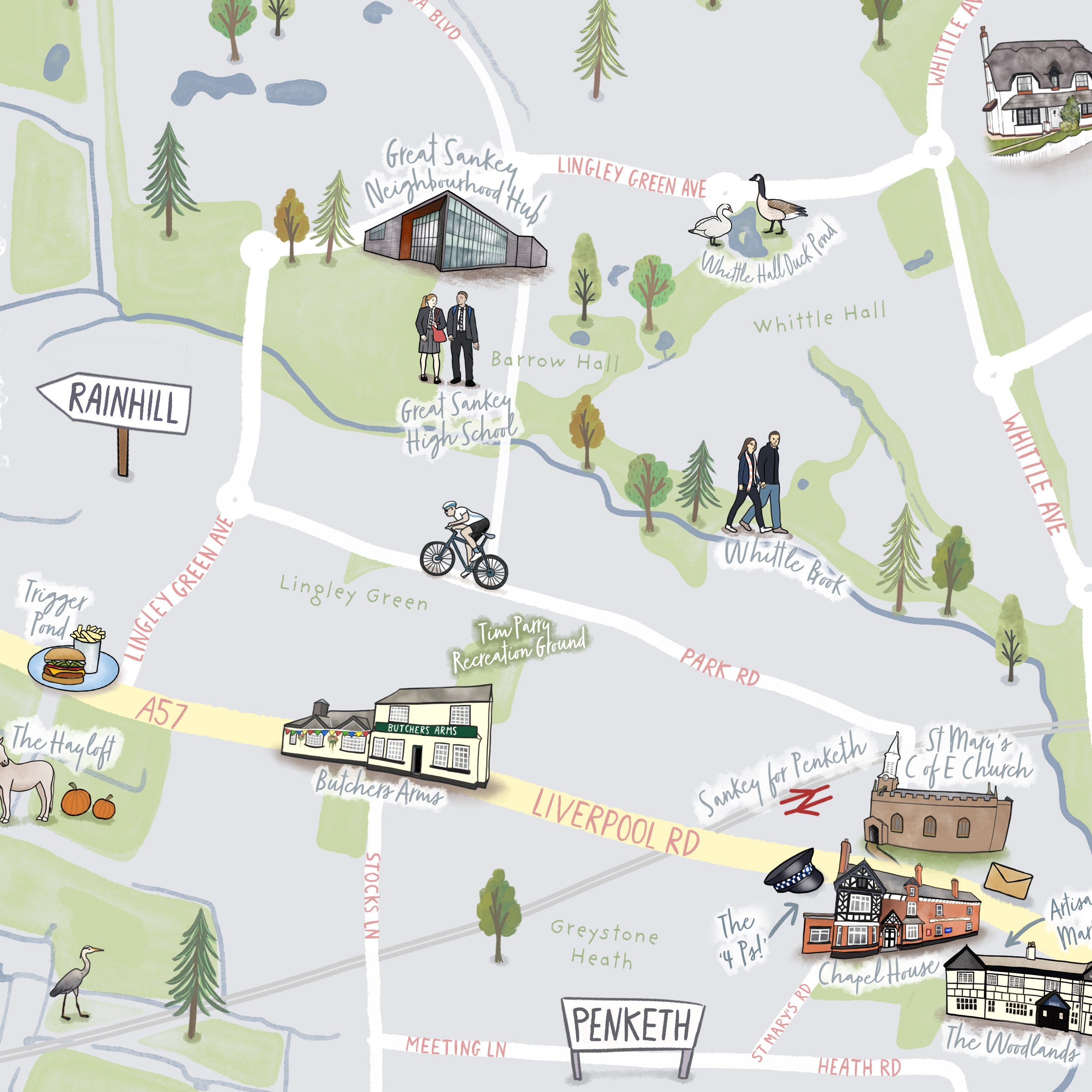 Great Sankey Illustrated Map A3 / A4 Print Personalised Map - Etsy UK