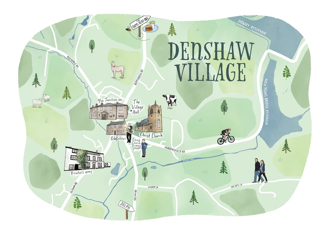 Denshaw Illustrated Map A3 Art Print Saddleworth Village Map - Etsy UK