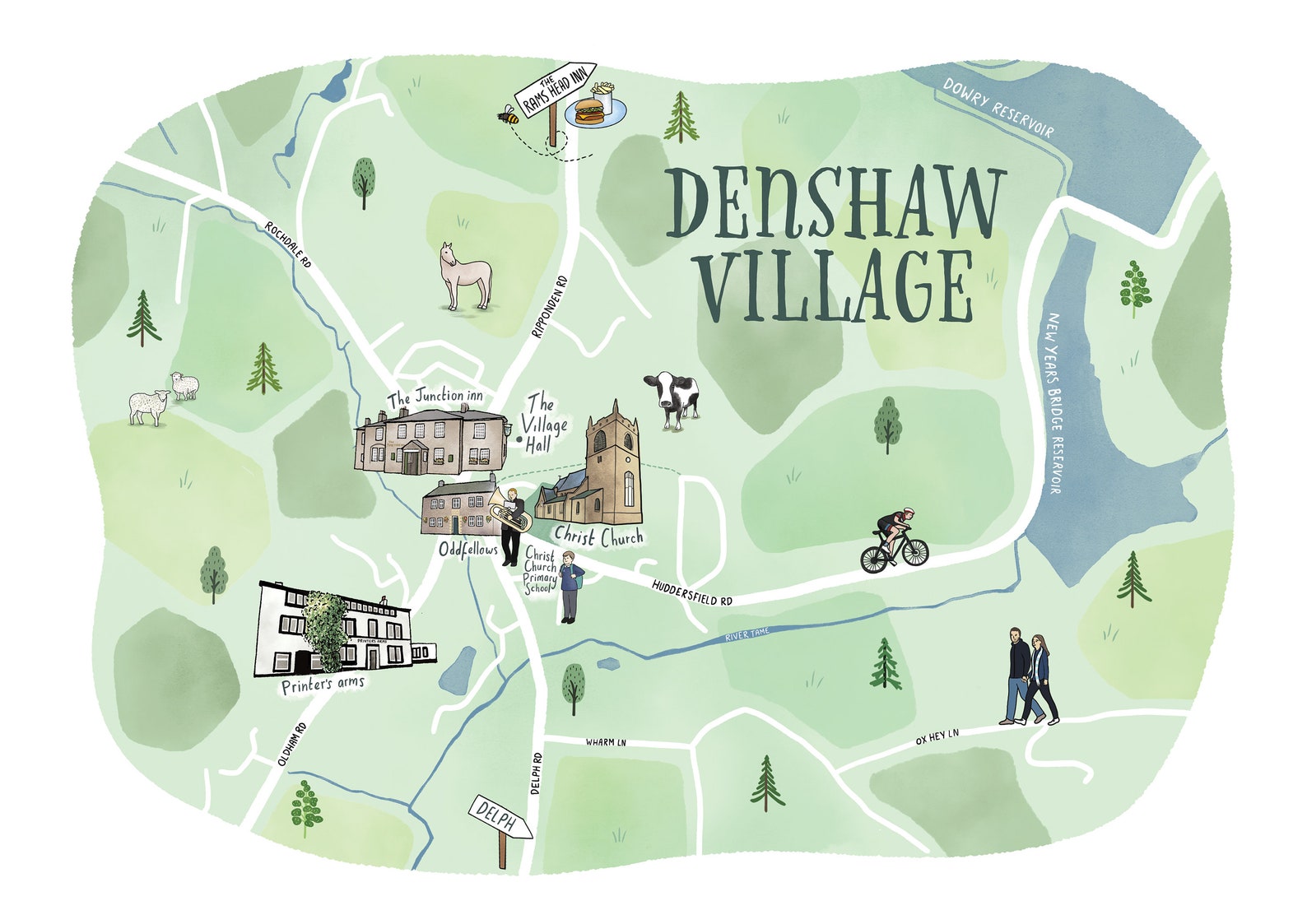 Denshaw Illustrated Map A3 Art Print Saddleworth Village Map - Etsy UK