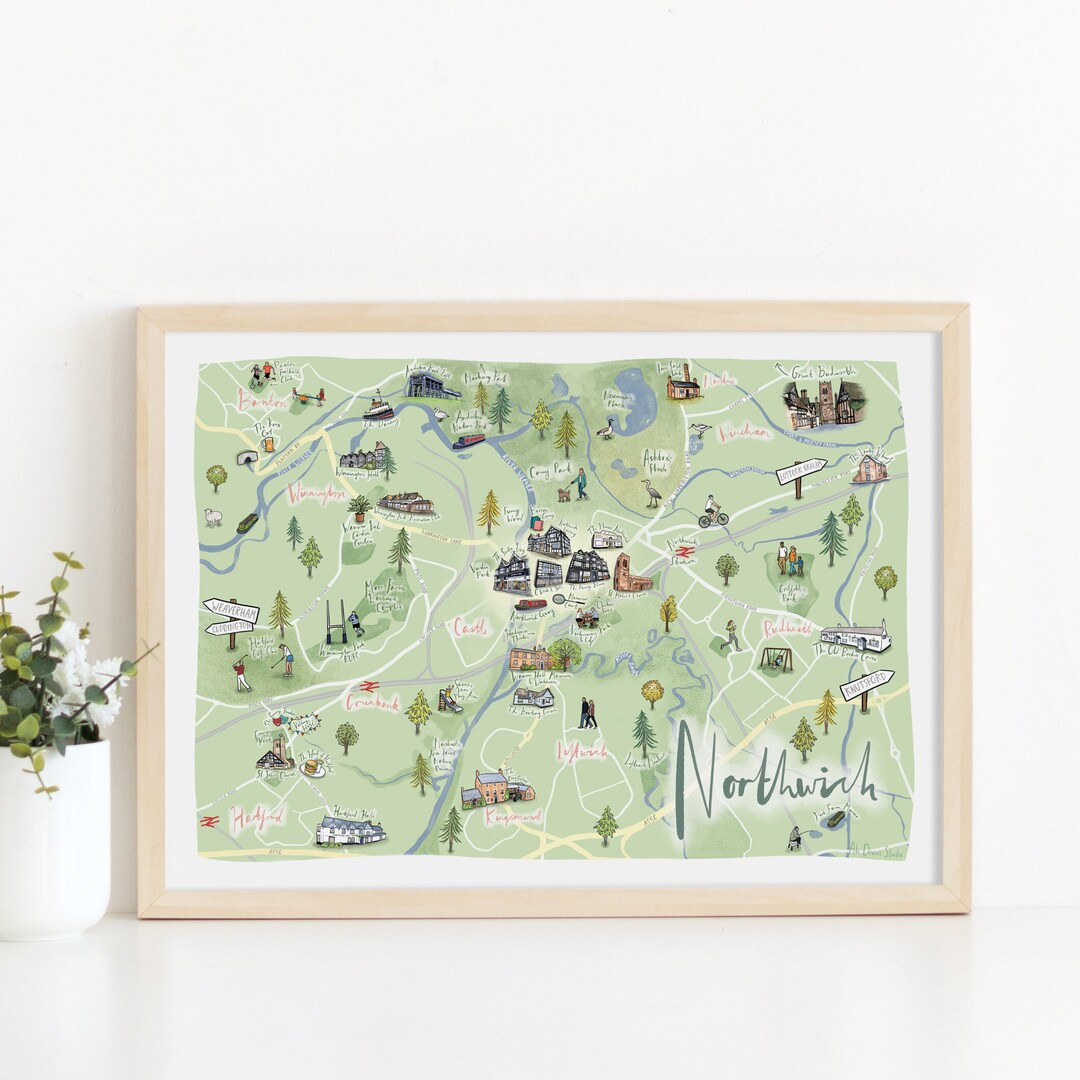 Northwich Illustrated Map, A3 / A4 Art Print, Personalised Map ...
