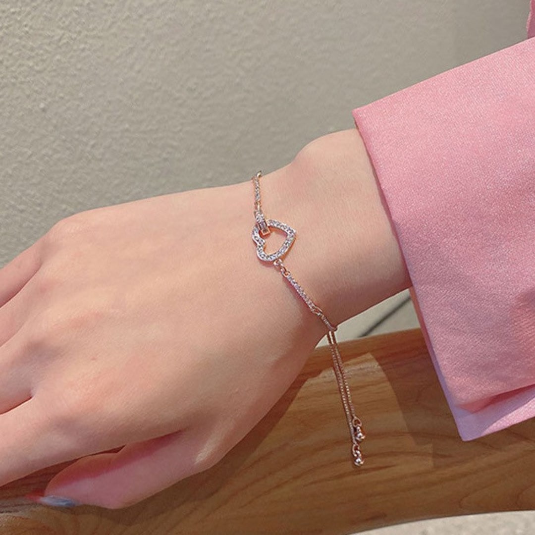 18K Gold Plated Adjustable Love Heart Charm Bracelet for Women - Etsy