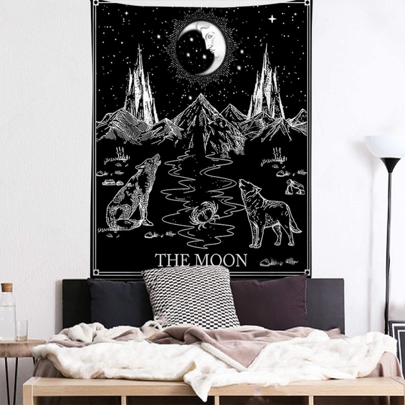 Wolf and Moon Wall Tapestry Tarot Tapestry Black and White - Etsy Wolf and Moon Wall Tapestry Tarot Tapestry Black and White - Etsy