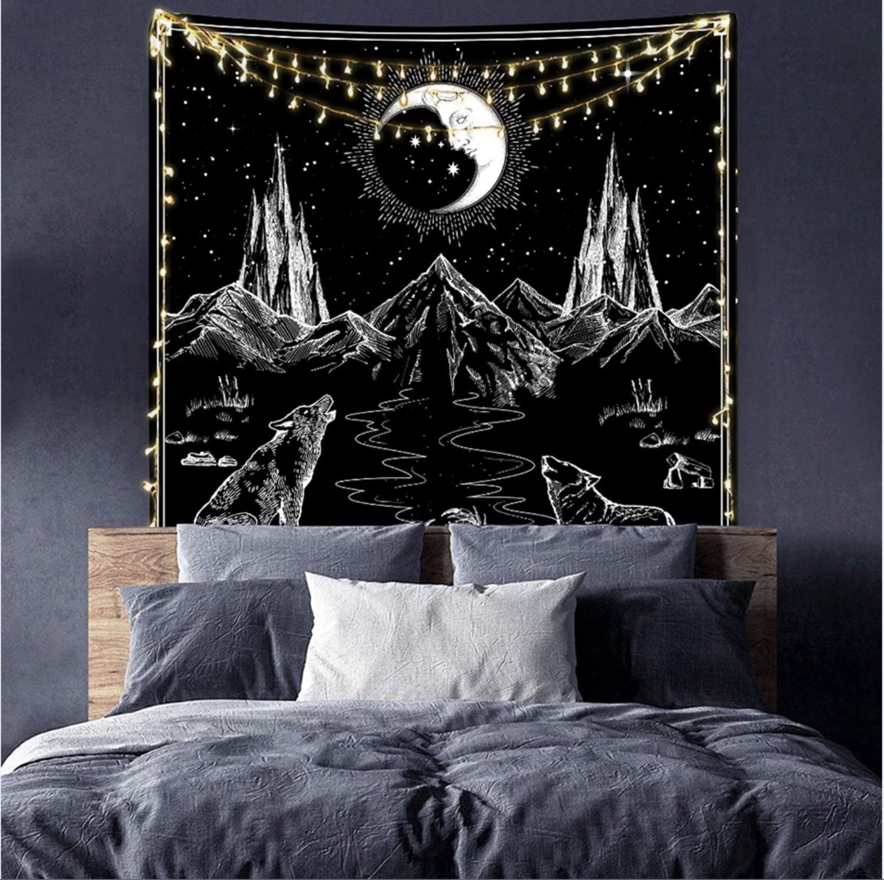 Wolf and Moon Wall Tapestry Tarot Tapestry Black and White - Etsy
