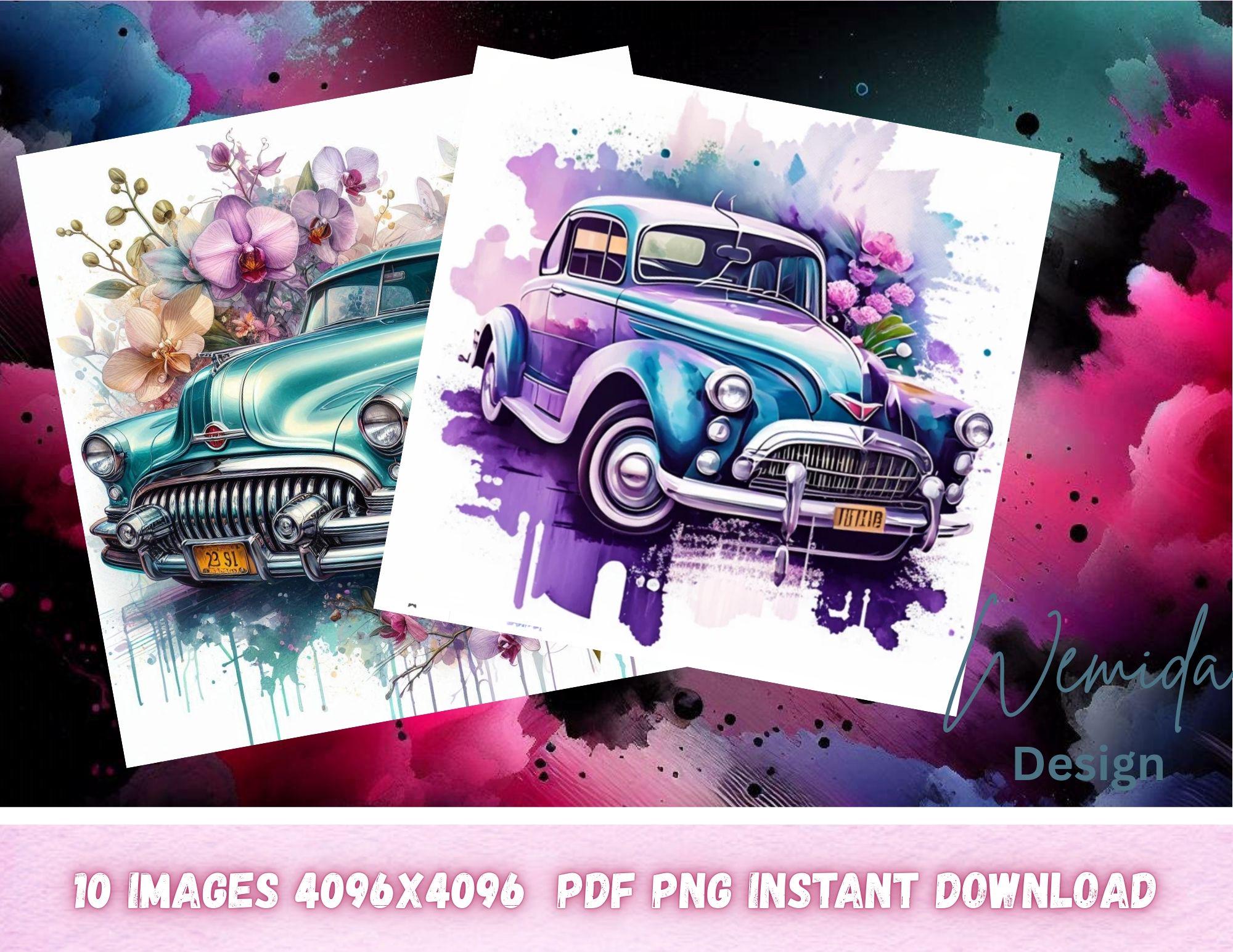 Vintage Watercolor Car Clipart Bundle – 10 Retro Cars With Flowers and ...