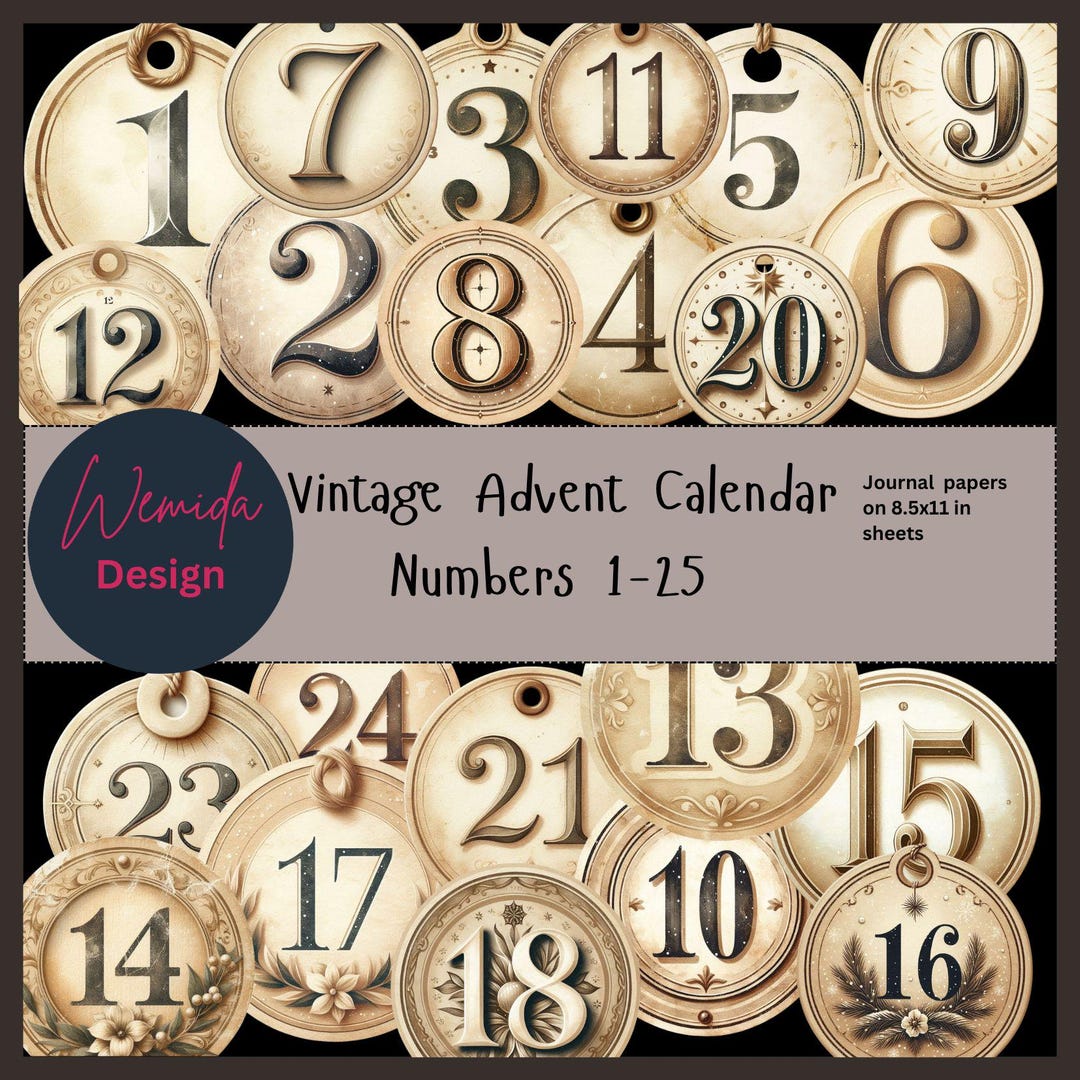Vintage Advent Calendar Numbers 1-25 – Printable Cream Beige Tags ...