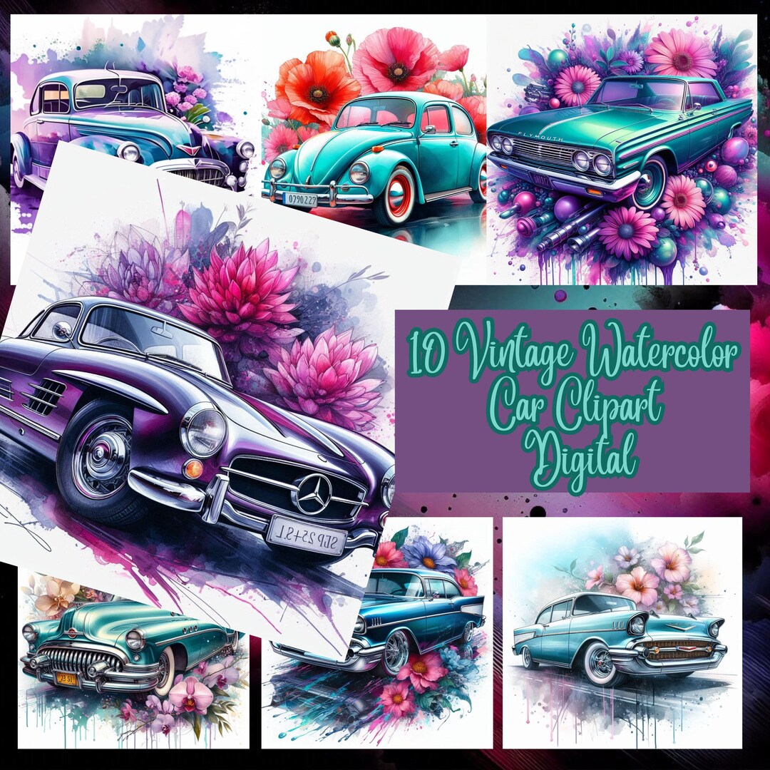 Vintage Watercolor Car Clipart Bundle – 10 Retro Cars With Flowers and ...