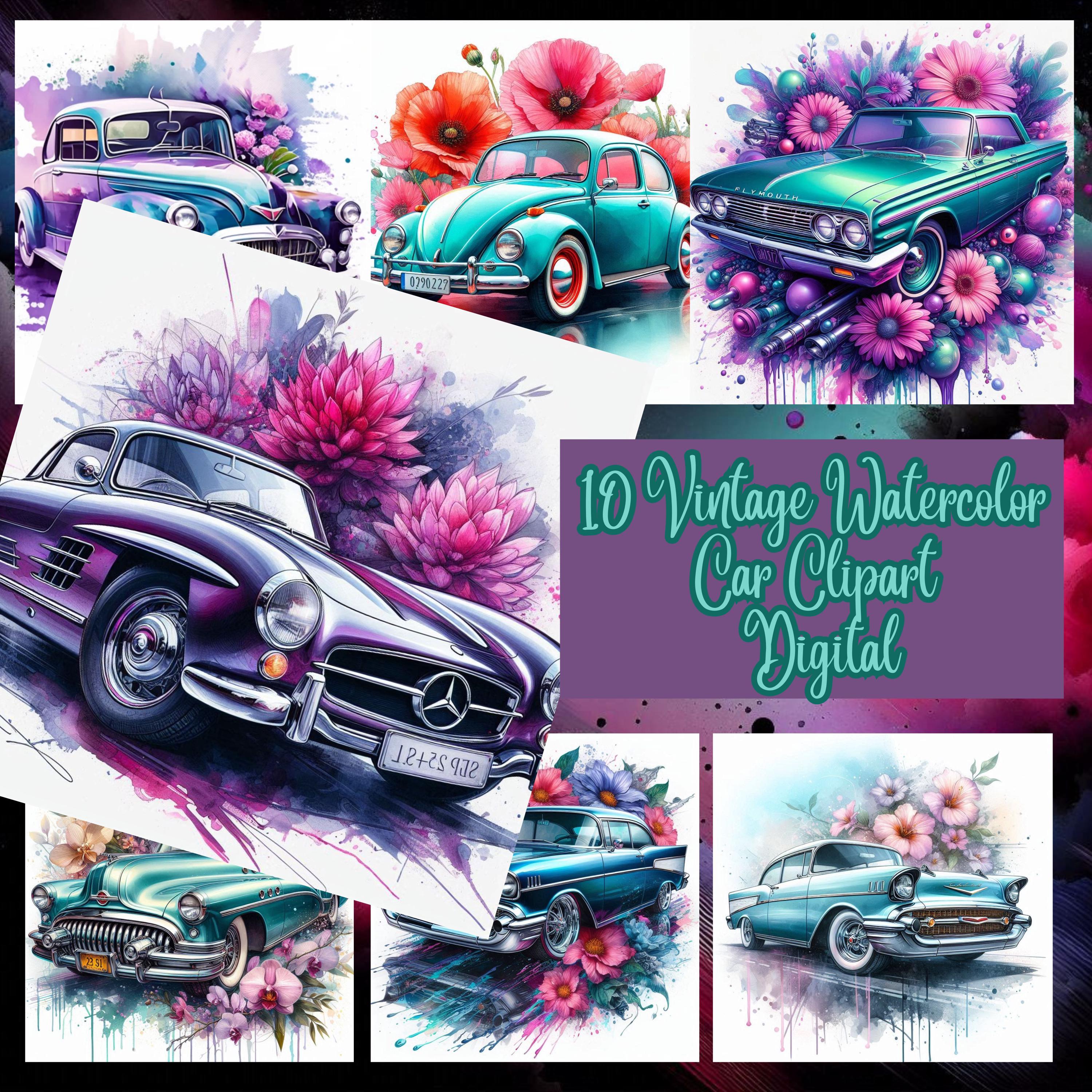 Vintage Watercolor Car Clipart Bundle – 10 Retro Cars With Flowers and ...