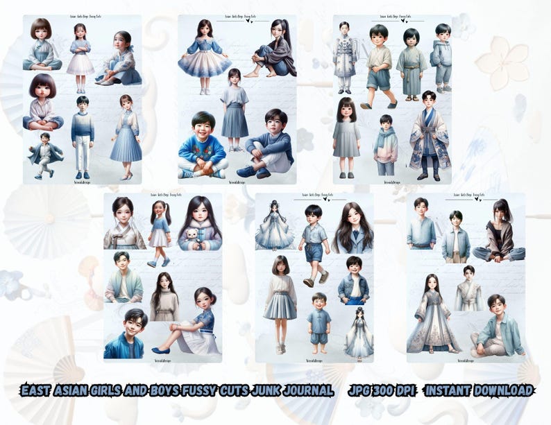 East Asian Children Watercolor Clipart | Royal Blue & White Kids | Full ...