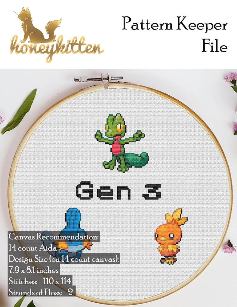 Generation 3 Starters Pokemon Cross Stitch PDF Pattern | Treecko | Mudkip | Torchic - Etsy
