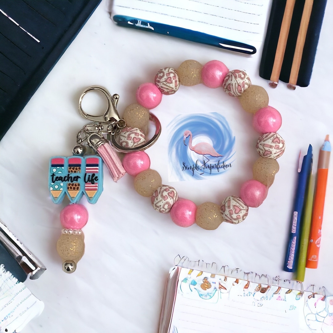 Teacher Life Wristlet Keychain | Beaded Teacher Wristlet Keyring | Gift ...