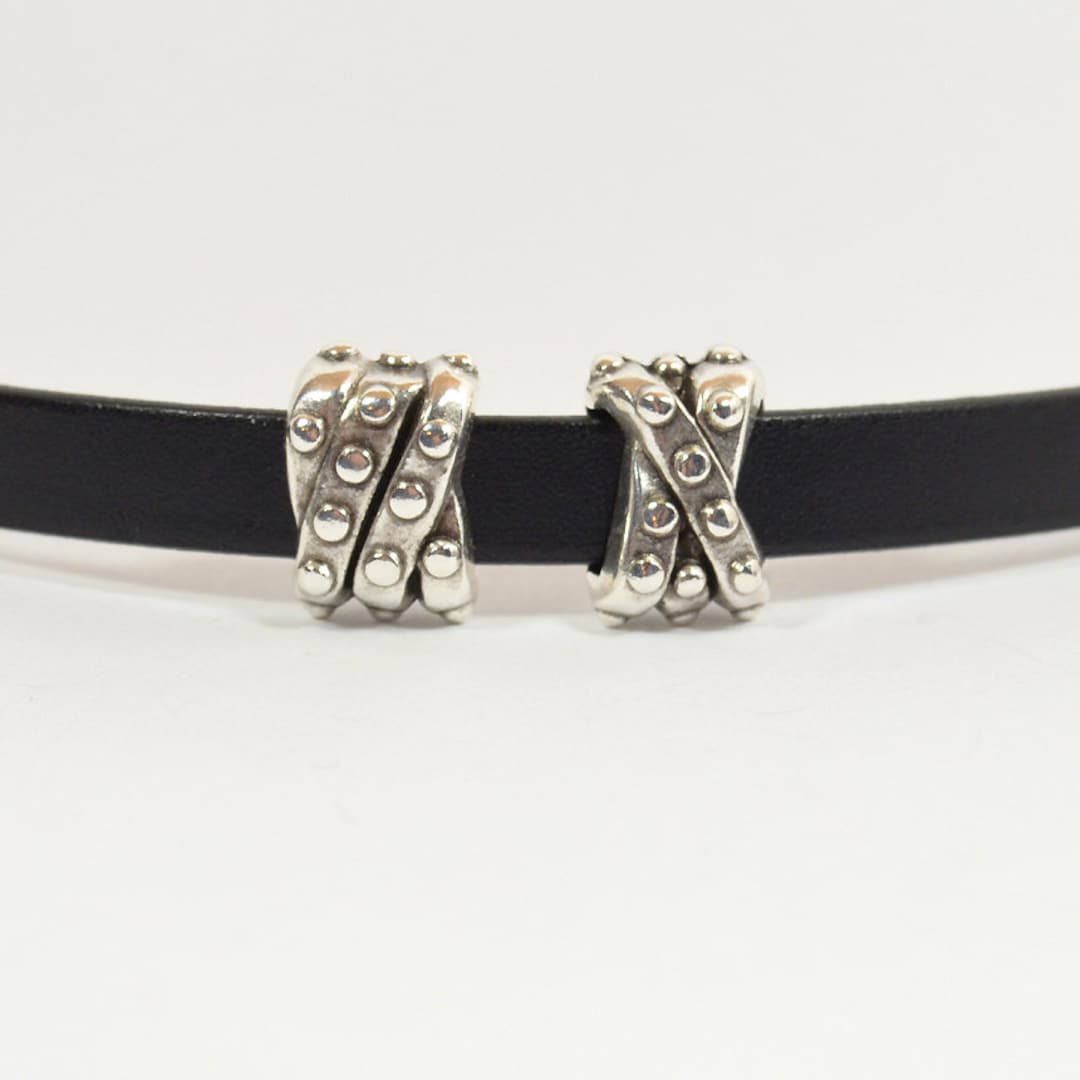 Two Sided Studded Ribbons Slider for 10mm Flat Leather Antique Silver ...