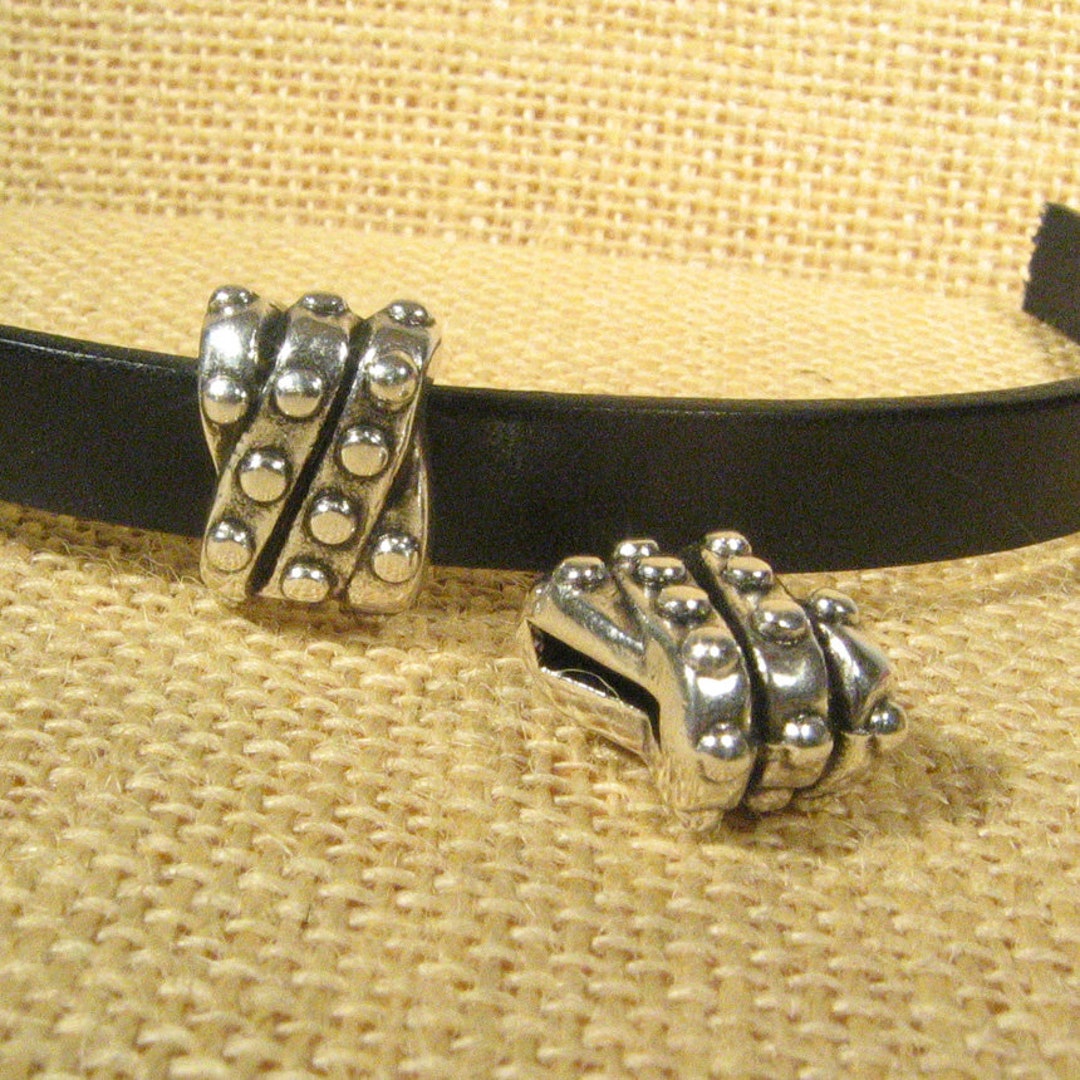 Two Sided Studded Ribbons Slider for 10mm Flat Leather Antique Silver ...