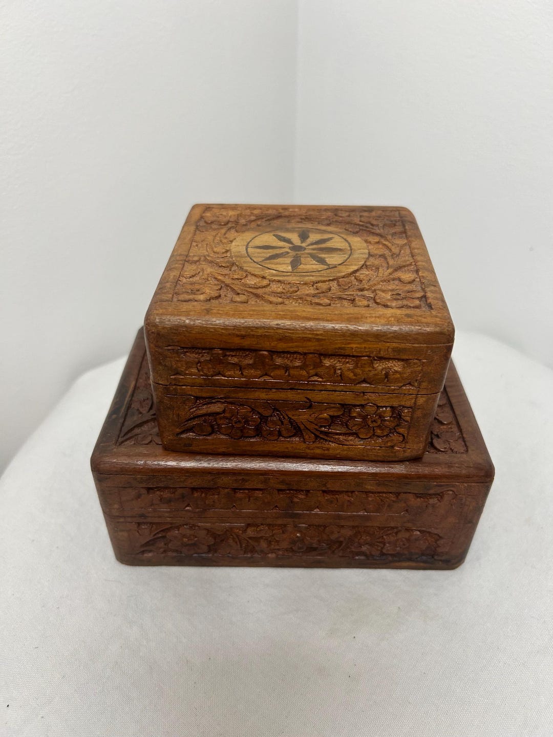 Vintage Wood Carved Boxes Wood Carved Jewelry Boxes Hand Carved Floral ...