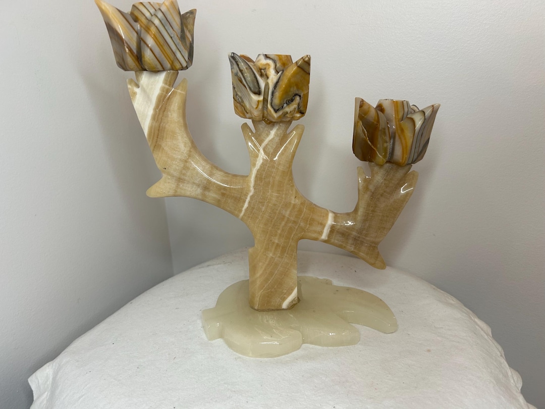 Vintage Marble Alabaster Three Arm Candlestick Holders Onyx Candle ...