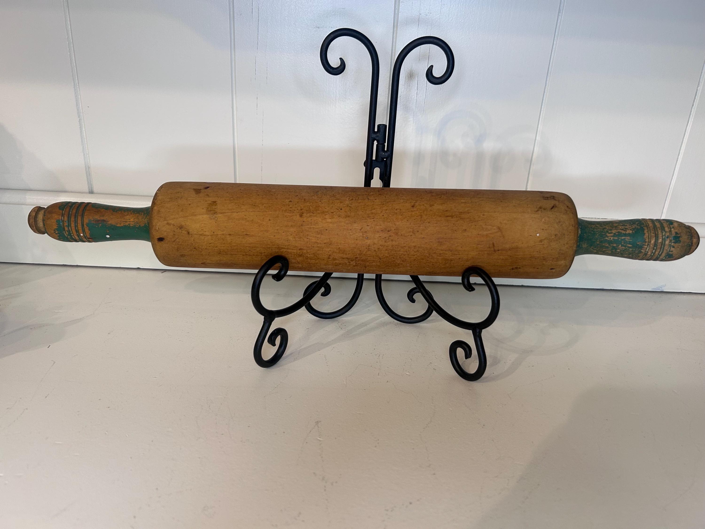 Vintage Wooden Rolling Pin With Green Handles Farmhouse Kitchen Cottage ...