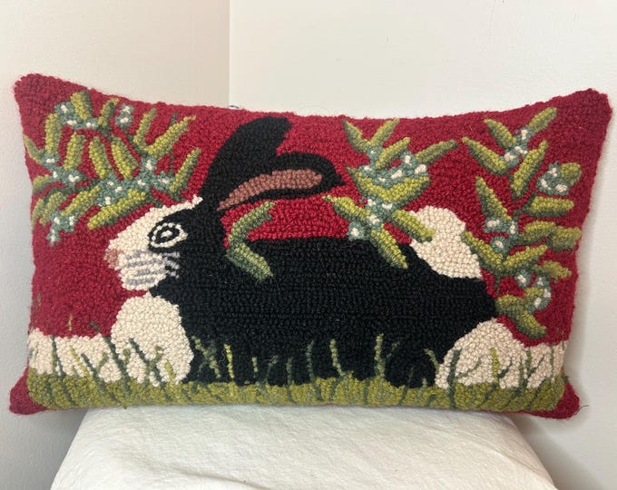 Large Lumbar Hooked Wool Bunny Throw Pillow Mary Lake Thompson Rabbit ...