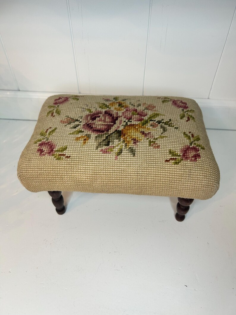 Vintage Wood Spindle Stool Table Top Size Footstool Floral Needlepoint ...