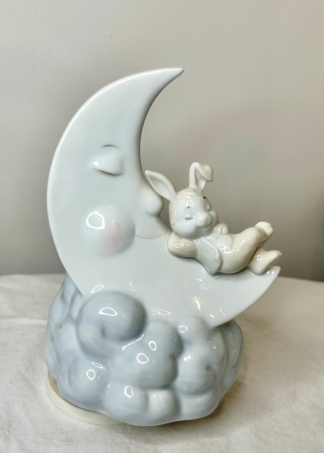 Vintage Music Box Bunny on Moon and Cloud Rabbit Figurine Muisc Box ...