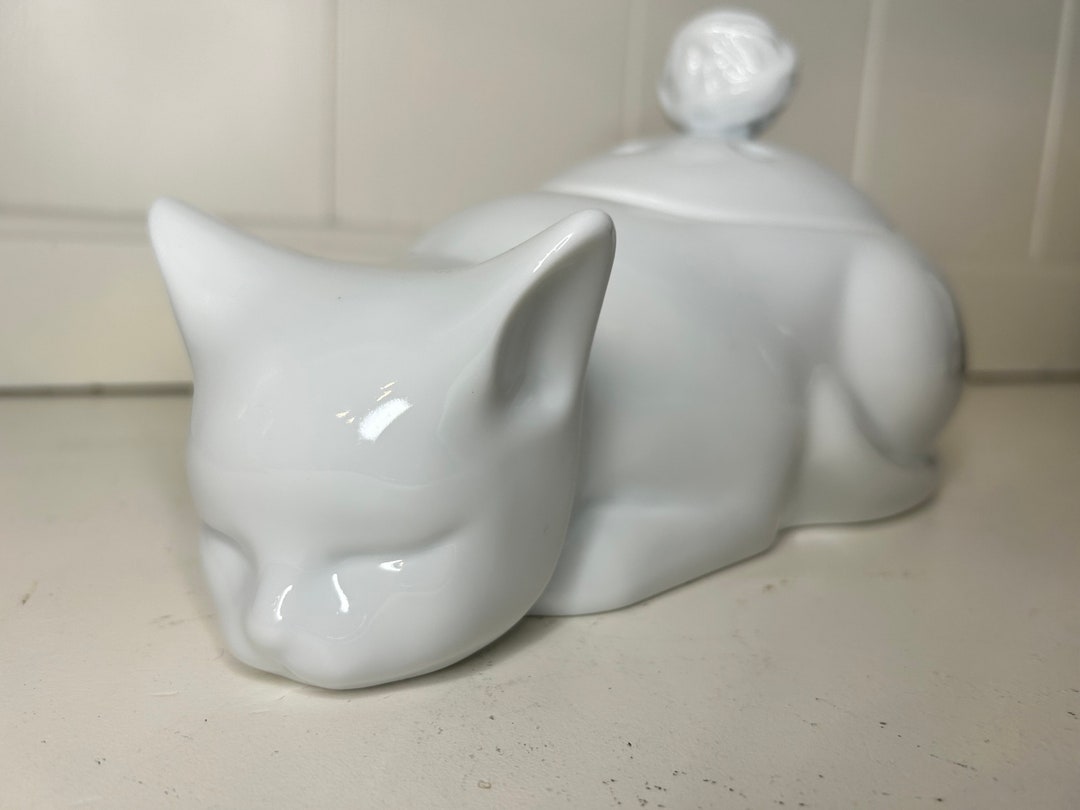 Porcelain White Cat Figurine SCHMID DESIGN FOLIO Sleeping Cat Flower ...