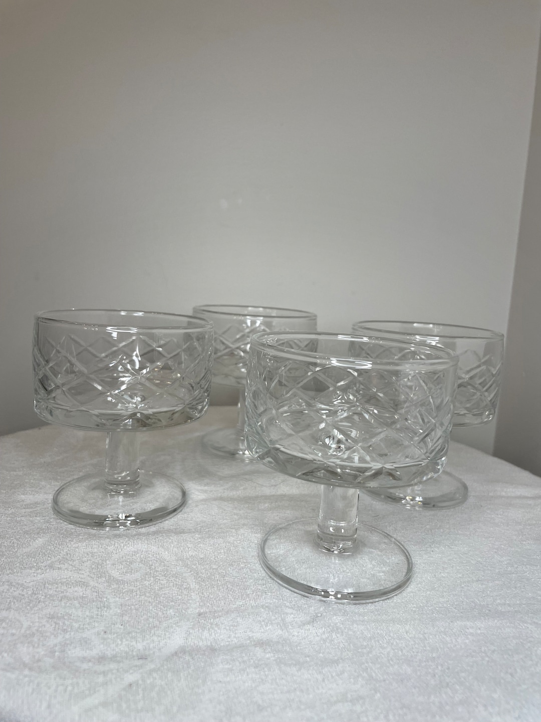 Vintage Diamond Pattern Cut Etched Glass Cups Set of 4 Stackable Short ...