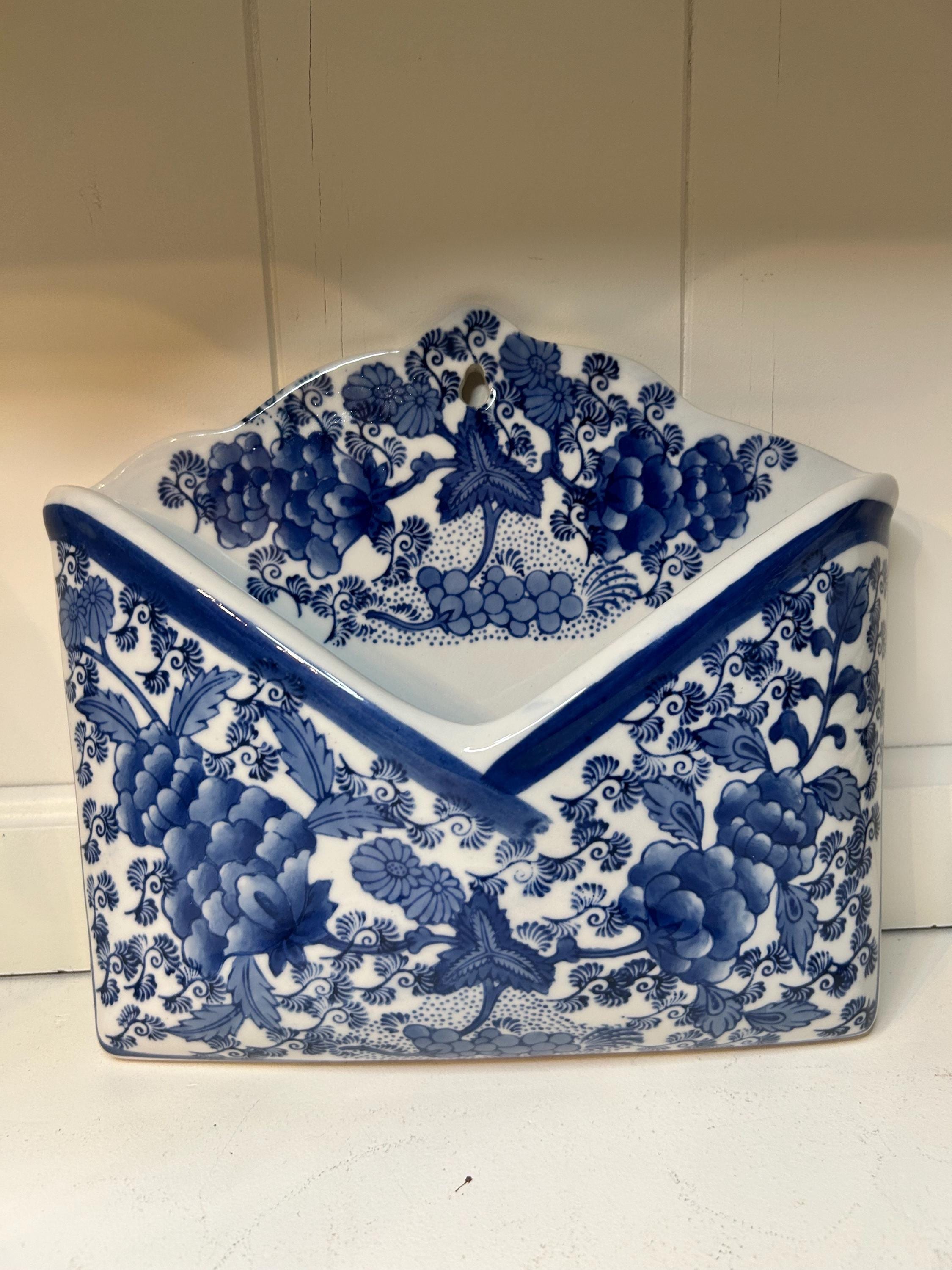 Porcelain Chinoiserie Blue and White Envelope Shaped Wall Pocket ...