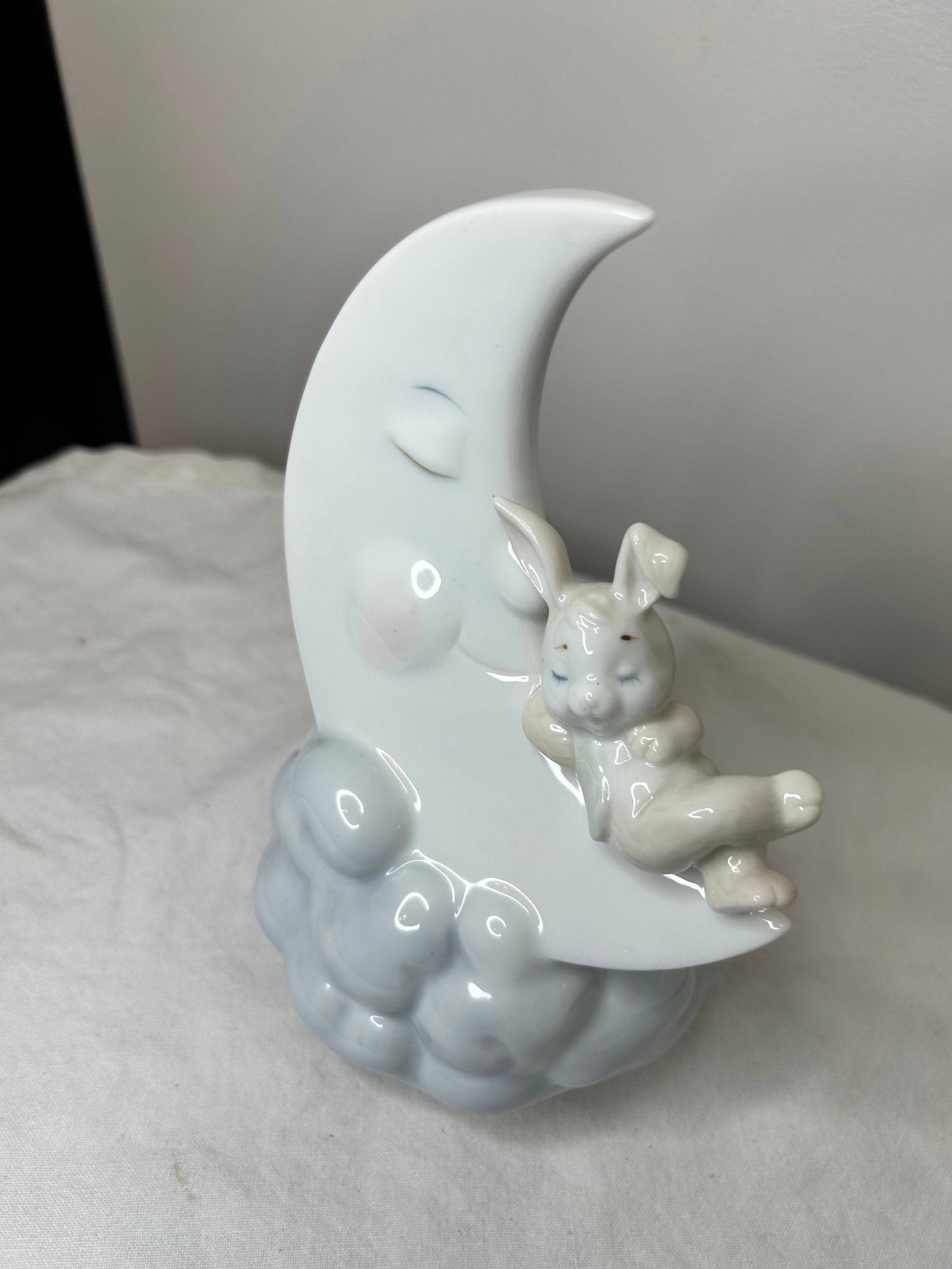 Vintage Music Box Bunny on Moon and Cloud Rabbit Figurine - Etsy