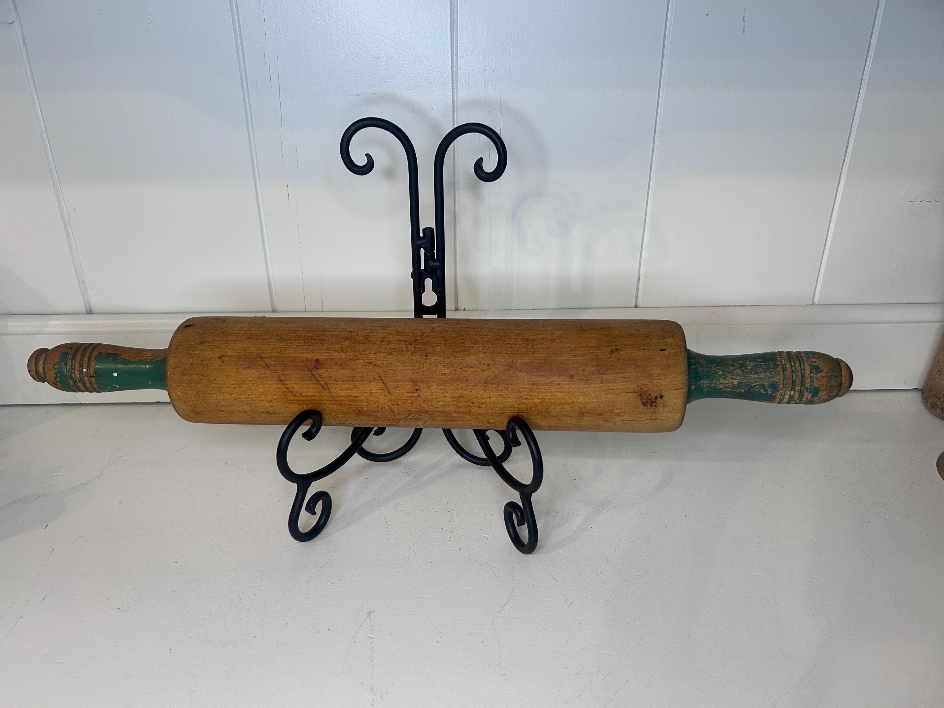 Vintage Wooden Rolling Pin With Green Handles Farmhouse Kitchen Cottage ...