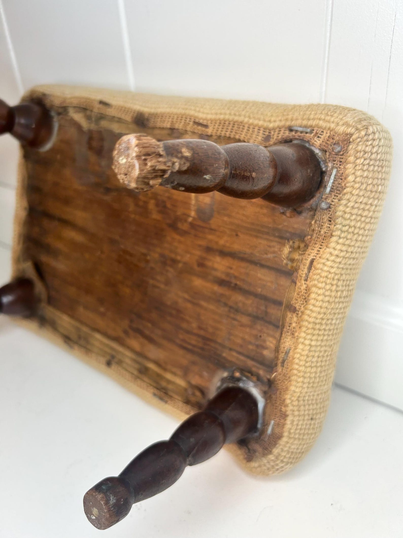 Vintage Wood Spindle Stool Table Top Size Footstool Floral Needlepoint ...