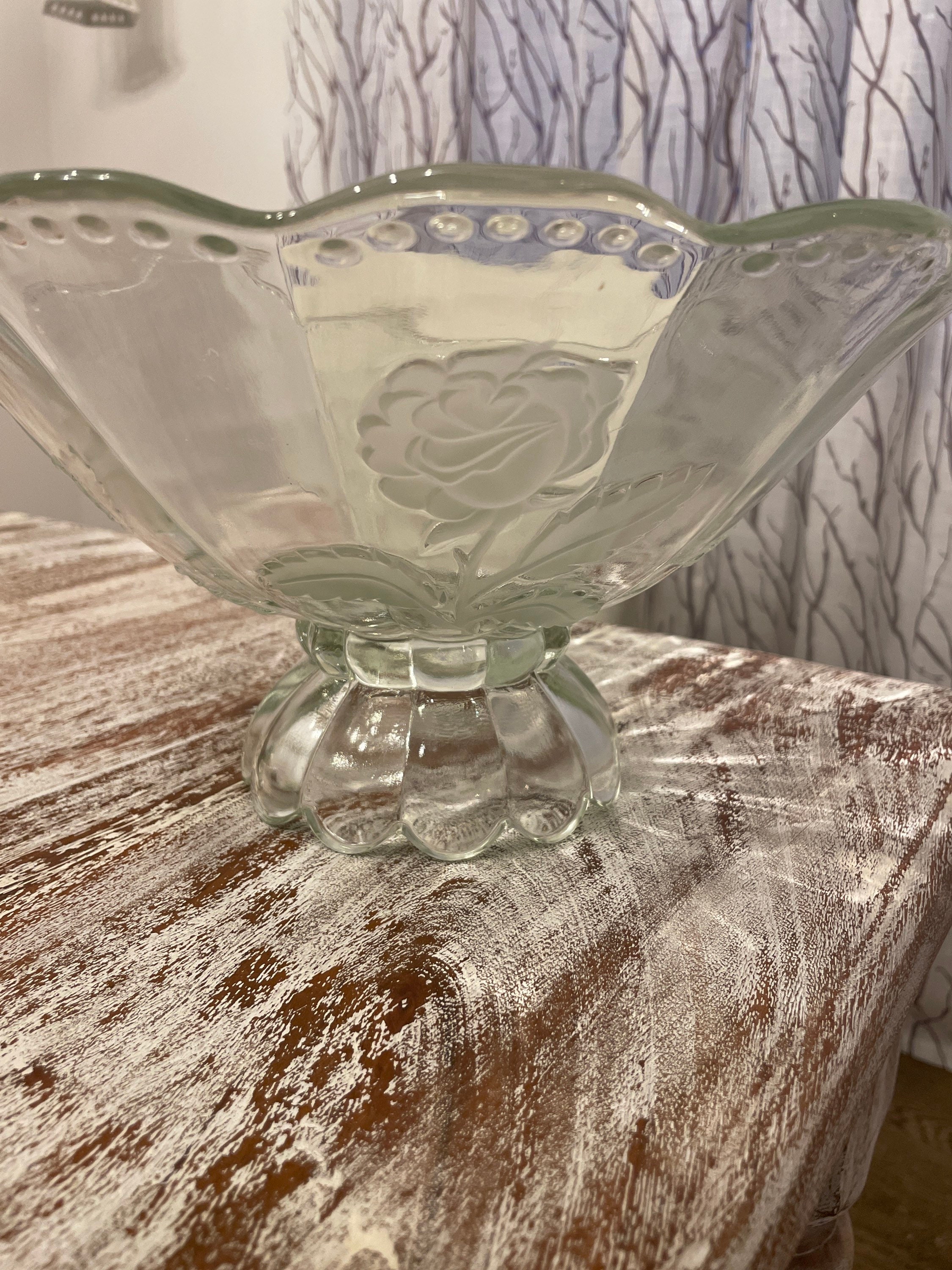 Vintage Large Pedestal Glass Bowl Rose Etched Details Centerpiece ...