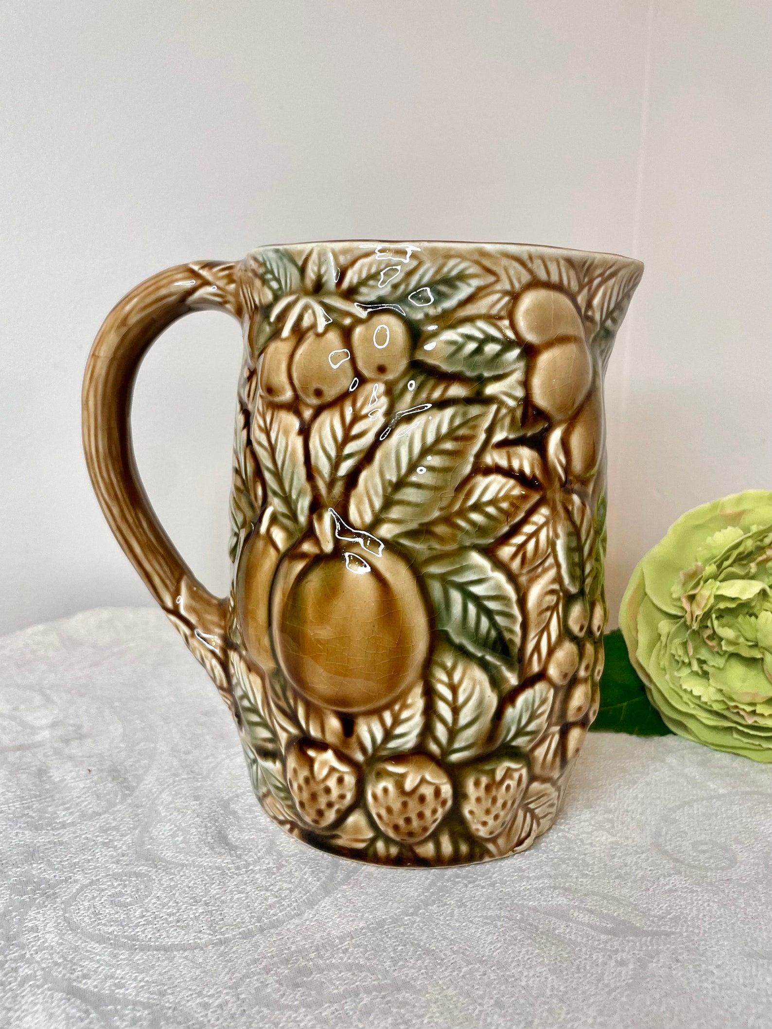 Vintage Brown Pitcher With Fruit Design MCM Made in Japan - Etsy