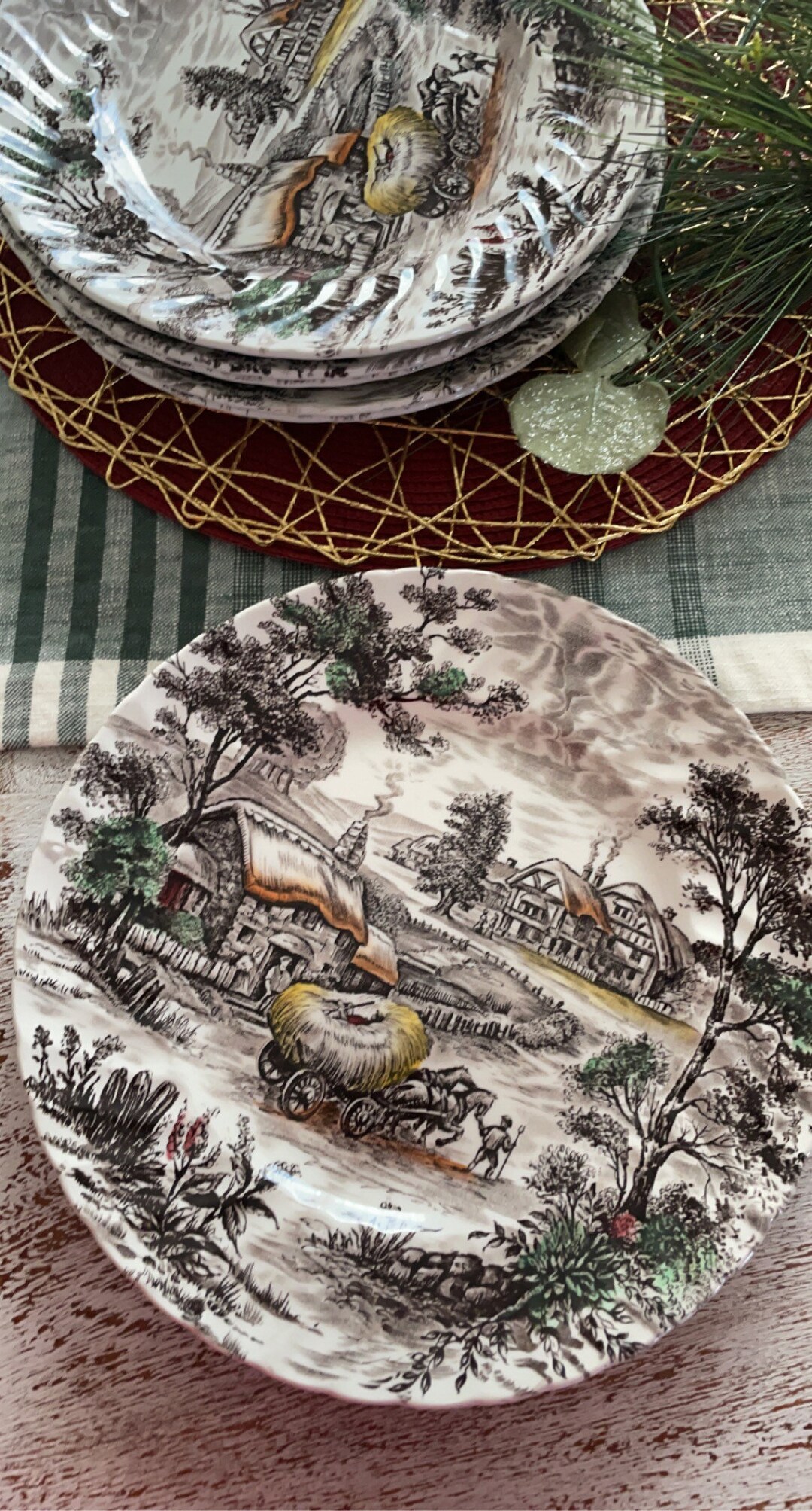 Yorkshire Staffordshire Ironstone Dinner Plates Brown Transferware Set