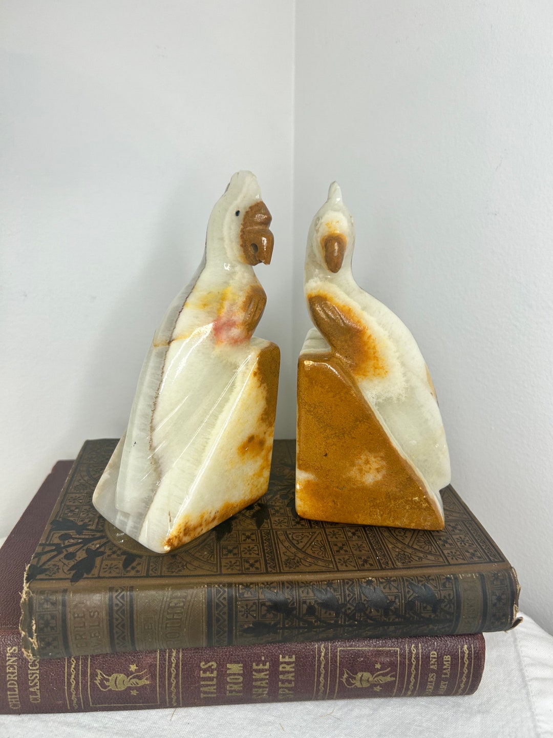 Pair of Art Deco Style Alabaster Bird Bookends Marble Parrot Bookends ...