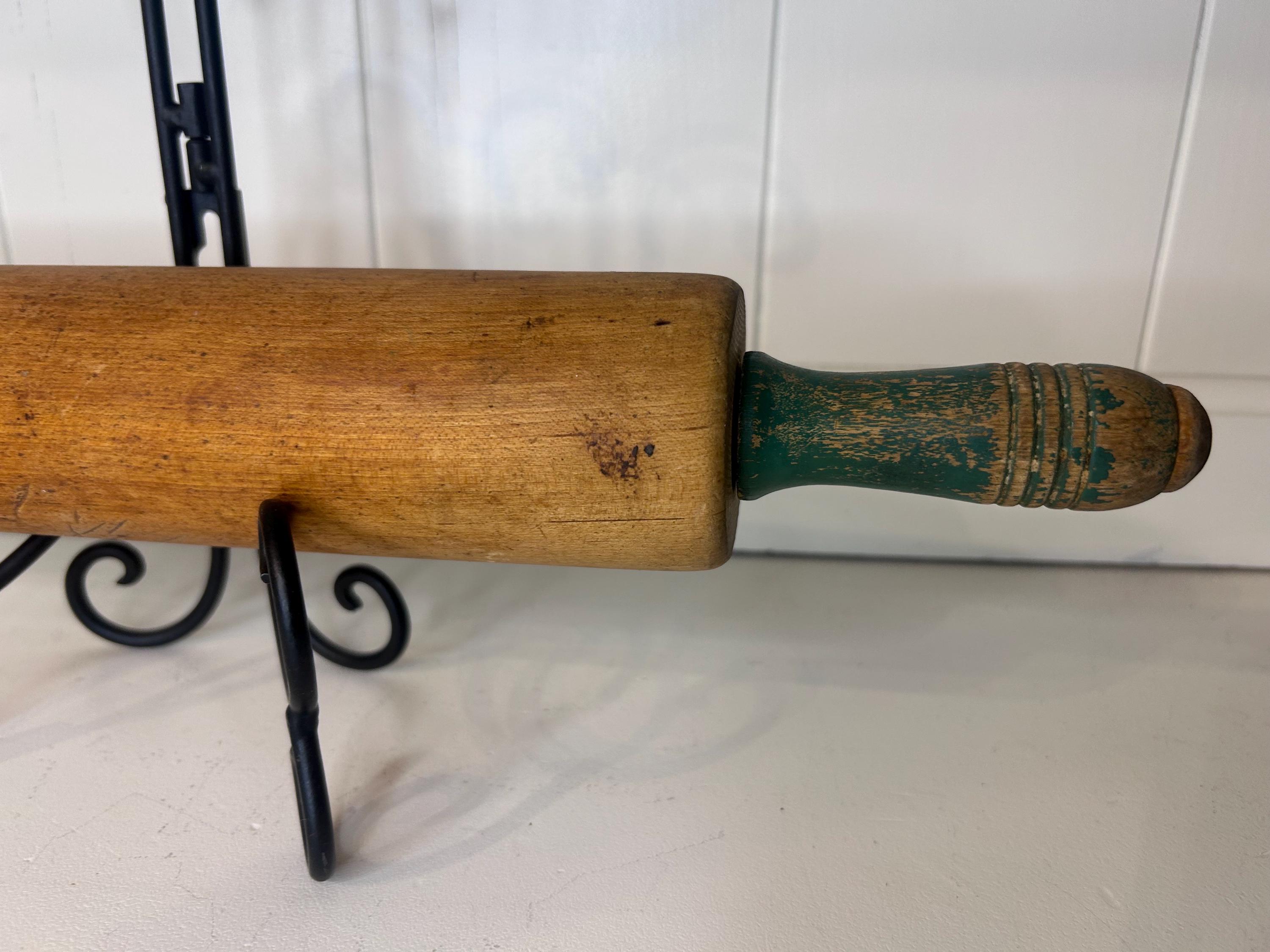 Vintage Wooden Rolling Pin With Green Handles Farmhouse Kitchen Cottage ...