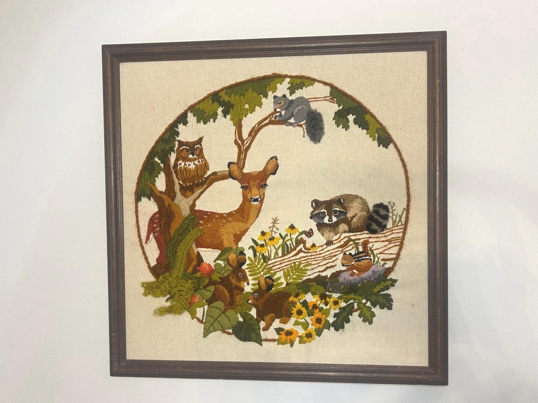 Vintage Framed Woodland Animals Crewel Embroidery Vintage Woodland ...
