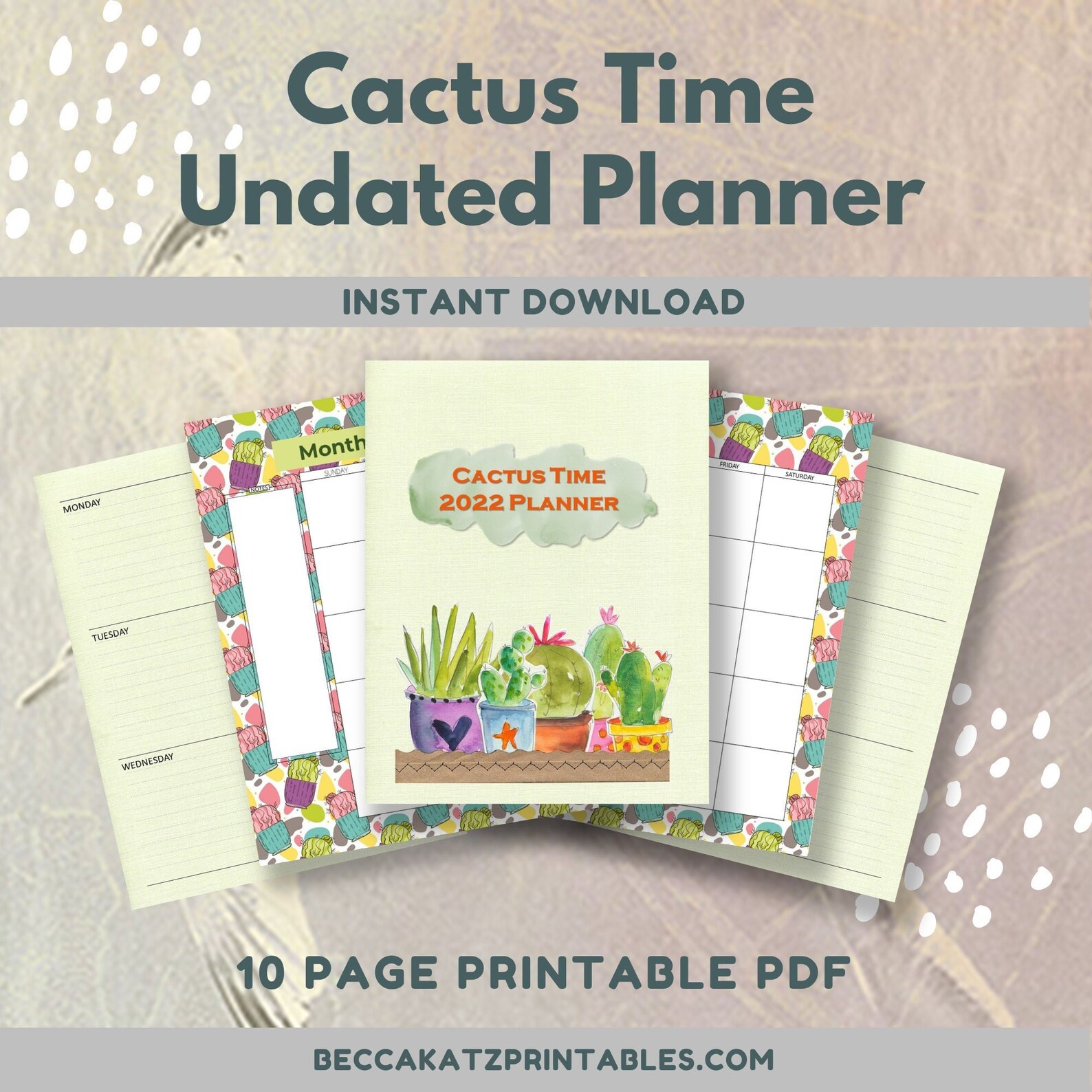 Undated Cactus Time Monthly, Weekly & Daily Planner Printable, Cute ...