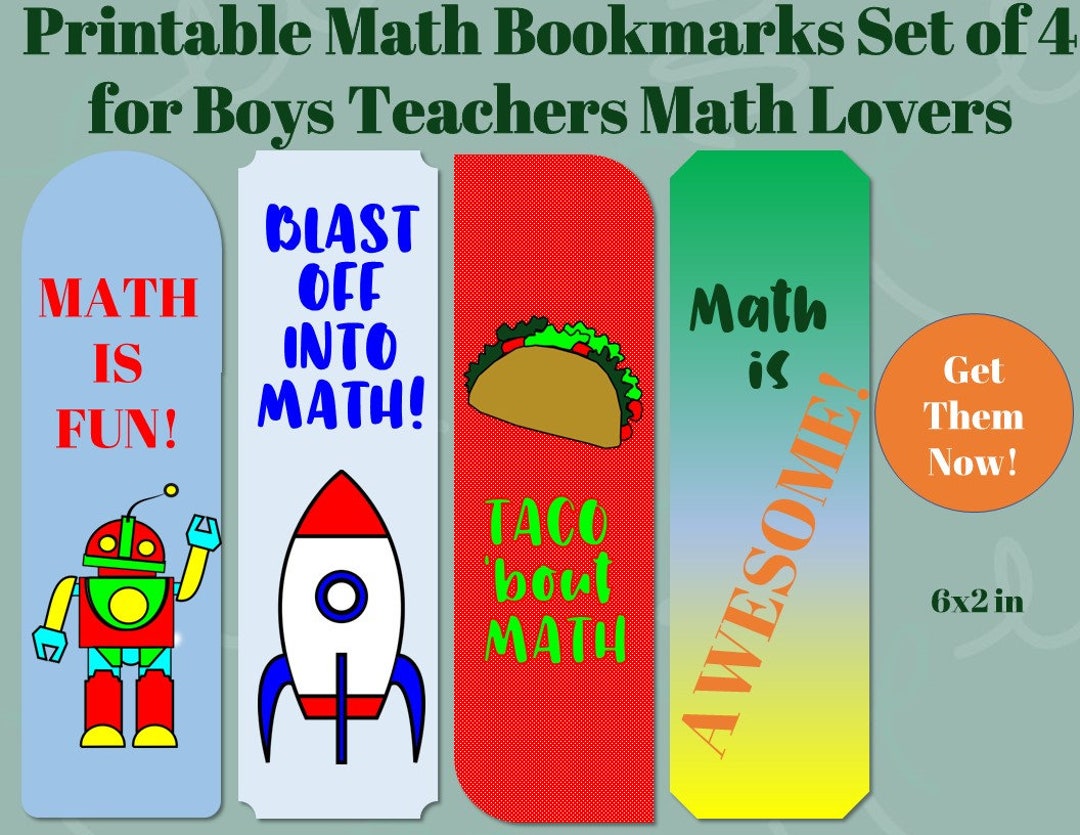 Math Printable Bookmarks for Kids Boys Teachers | Set of 4 | Book Lover ...