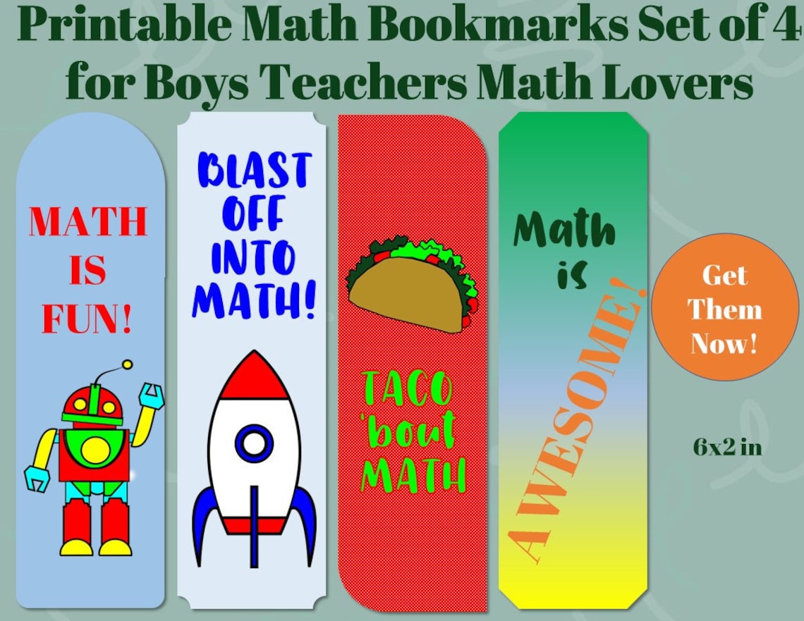Math Printable Bookmarks for Kids Boys Teachers | Set of 4 | Book Lover ...