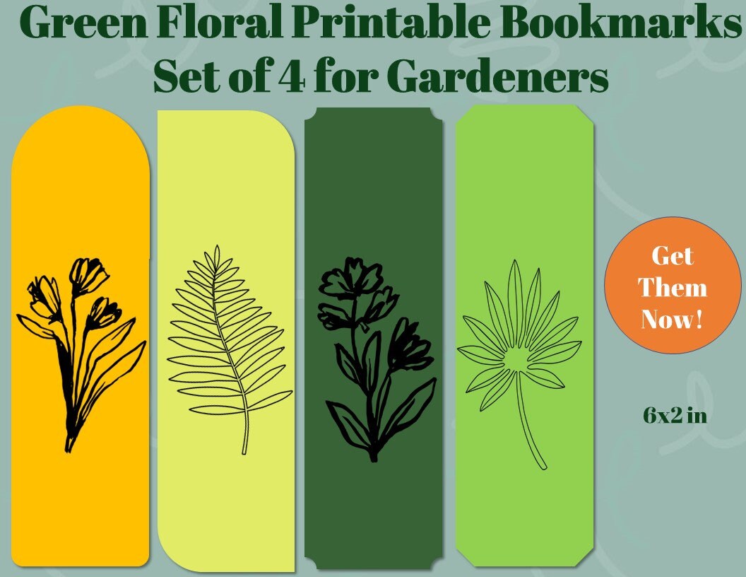 Green Floral Printable Bookmarks for Gardeners Set of 4 Book Lover Gift ...